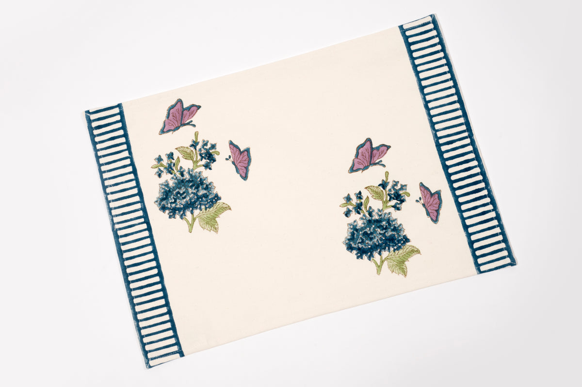 Whispering Hydrangea Blue Table Mat & Napkin - Set of 6 | Rangbagh