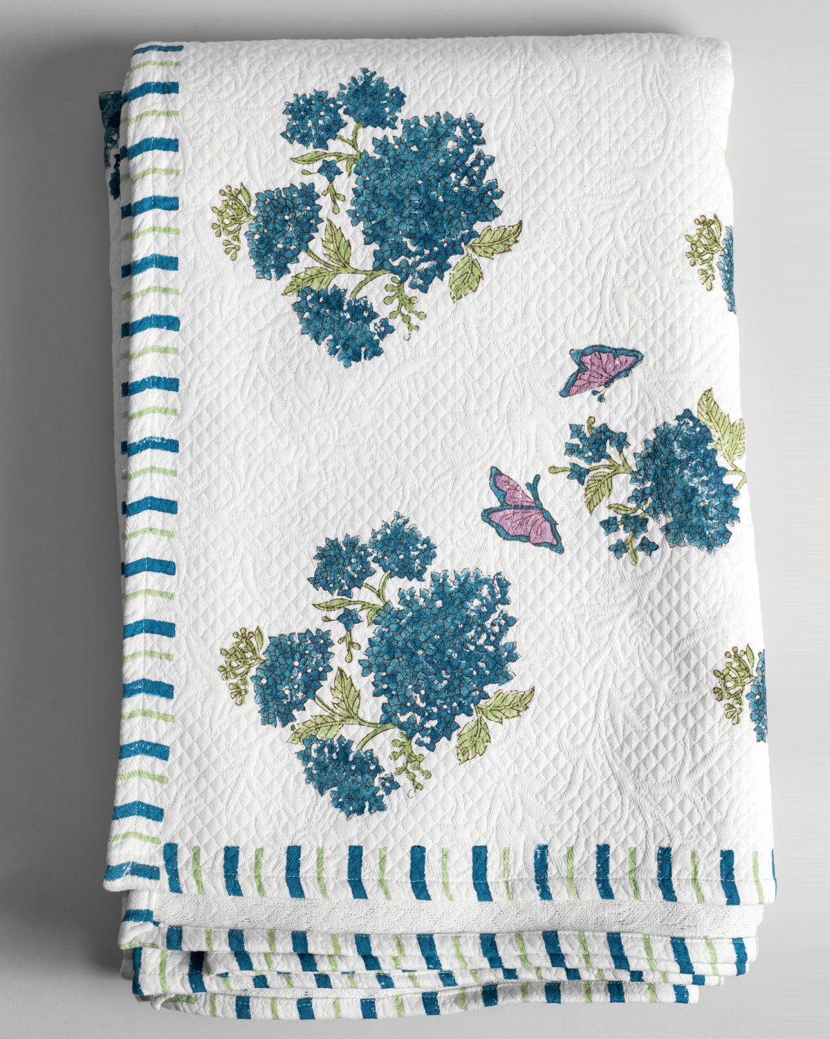 Whispering Hydrangea Blue Jacquard Bedcover-Pillow Cover Set | Rangbagh